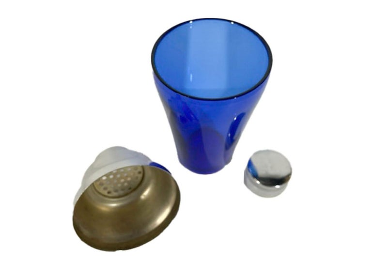 Mid-Century Cobalt Blue Glass Cocktail Shaker with High Dome Chrome Lid ...