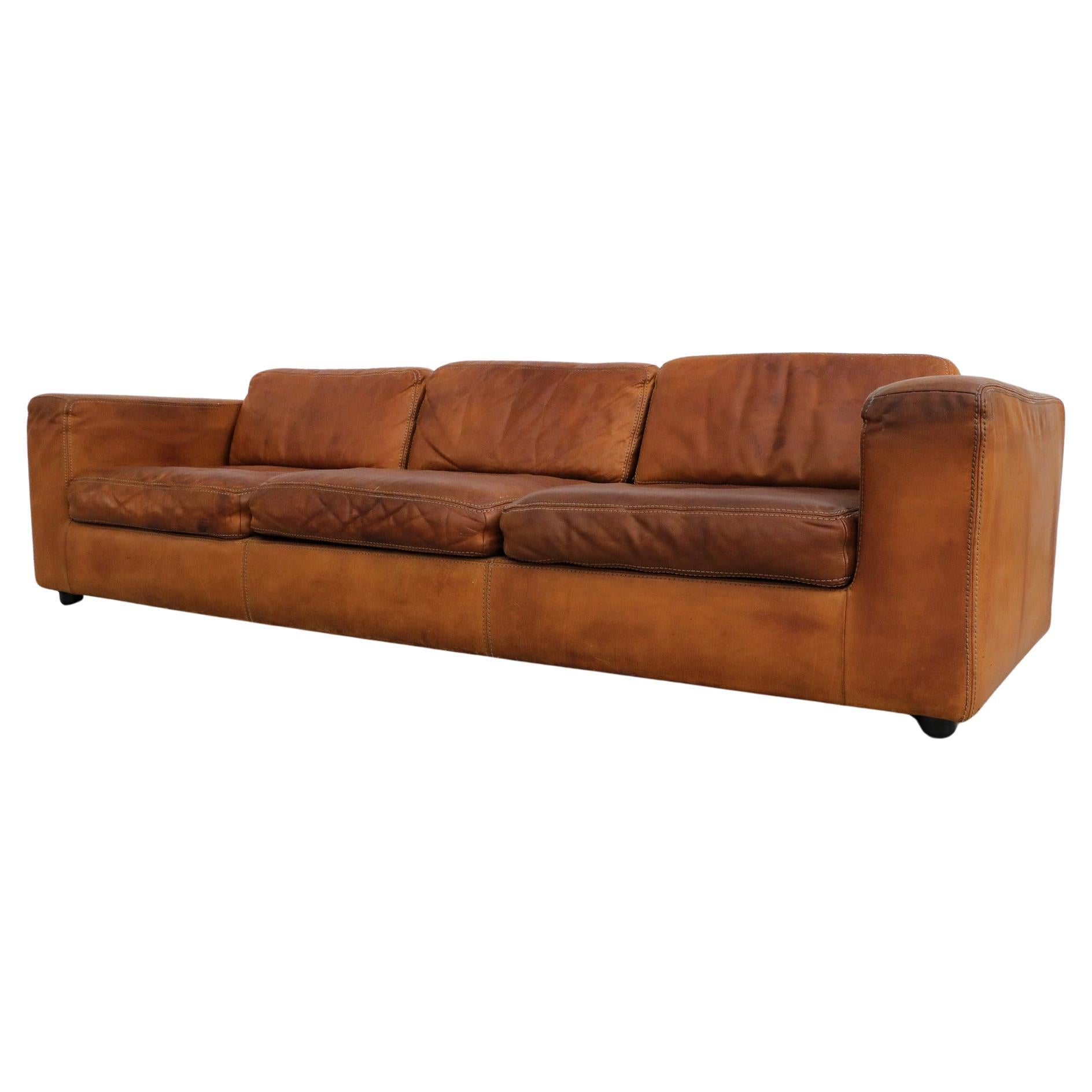 Mid-Century Cognac Leather Three Seater Sofa For Sale at 1stDibs