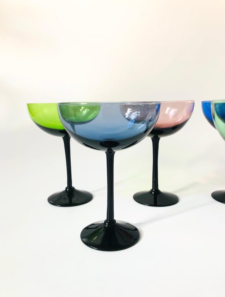 Midcentury Colorful Black Stem Coupe Glasses, Set of 7 For Sale at 1stDibs