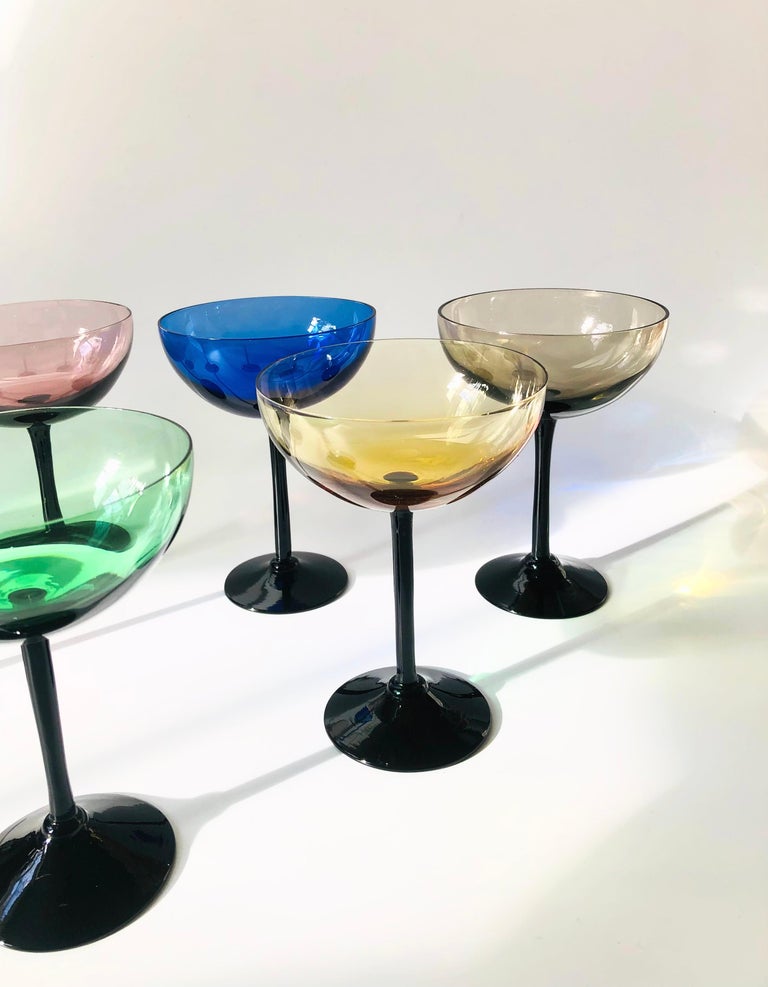 Midcentury Colorful Black Stem Coupe Glasses, Set of 7 For Sale at 1stDibs