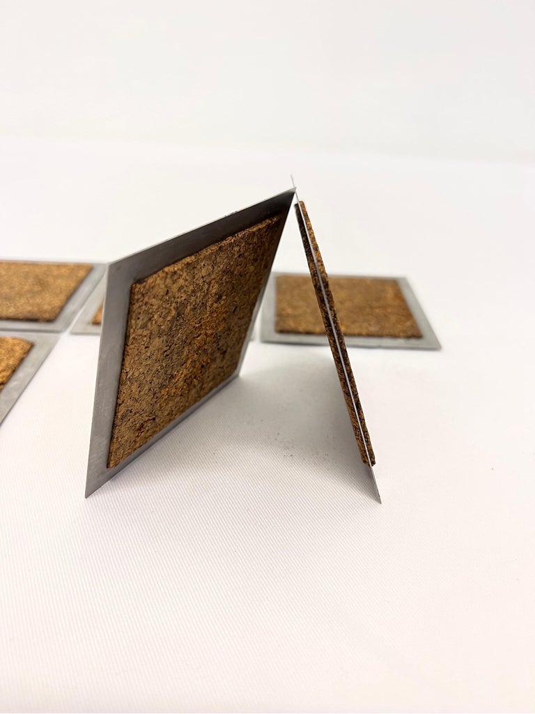 Mid-Century Cork and Steel Coasters, Set of Six For Sale at 1stDibs