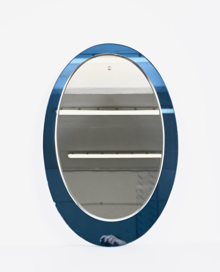 Mid-Century Cristal Art Oval Italian Wall Mirror with Blue Glass Frame ...