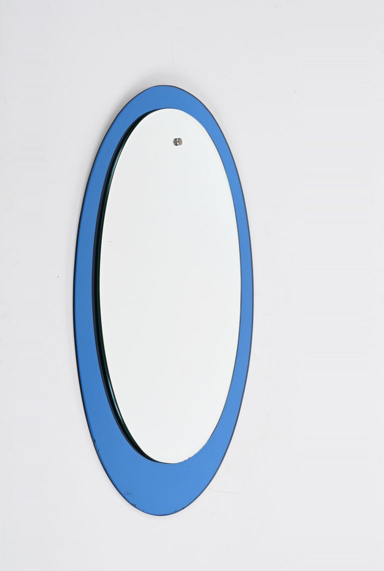 Mid-Century Cristal Art Oval Italian Wall Mirror with Blue Glass Frame ...
