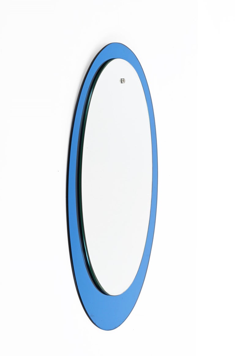 Mid-Century Cristal Art Oval Italian Wall Mirror with Blue Glass Frame ...