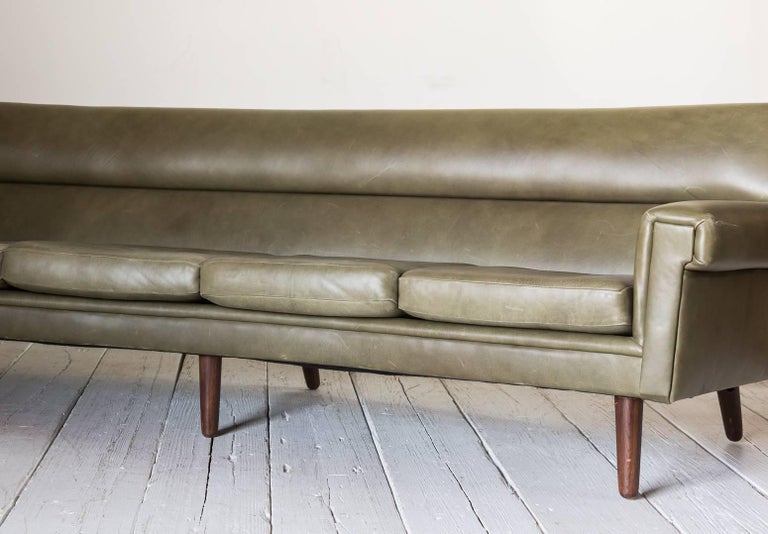Midcentury Curved Olive Green Leather Sofa at 1stdibs