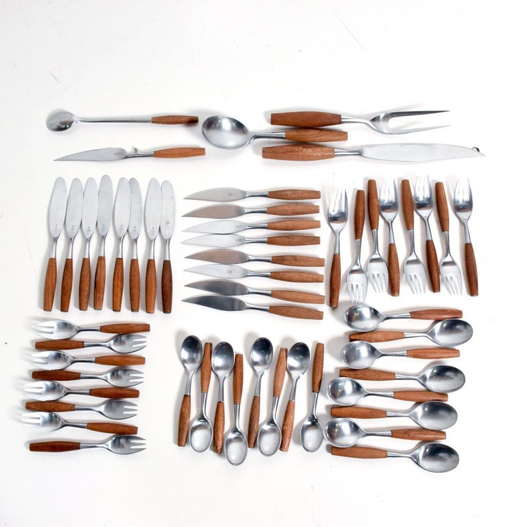 Midcentury Danish Modern Dansk Flatware Set 53 Pieces Teak Stainless ...