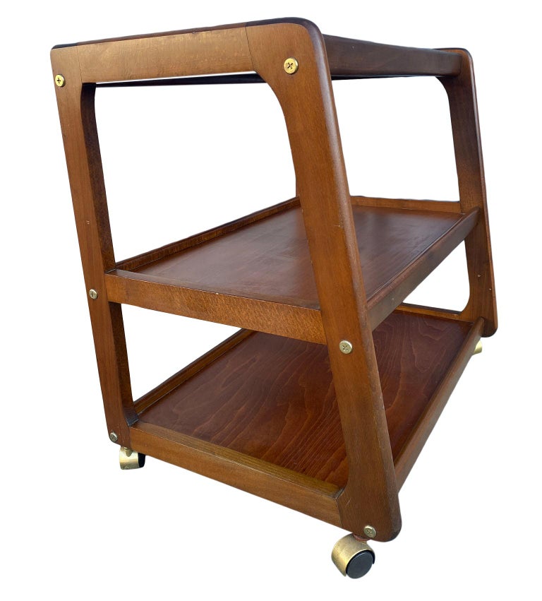 Midcentury Danish Modern Walnut Bar Cart Server Brass with Casters For ...