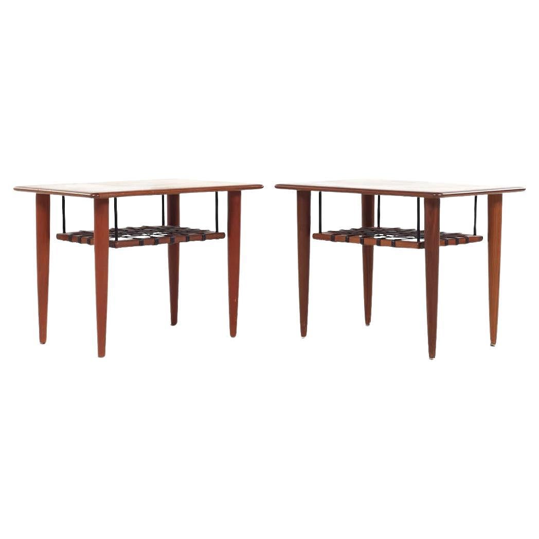 Mid Century Danish Teak and Leather Side End Tables For Sale at 1stDibs