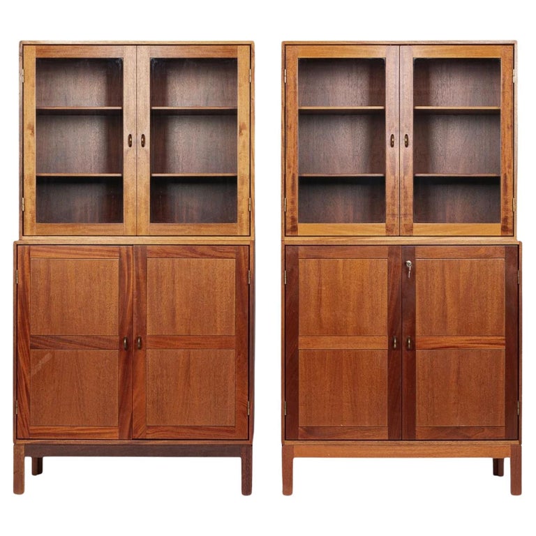 Mid Century Danish Wood Storage Cabinets with Glass Doors and File ...