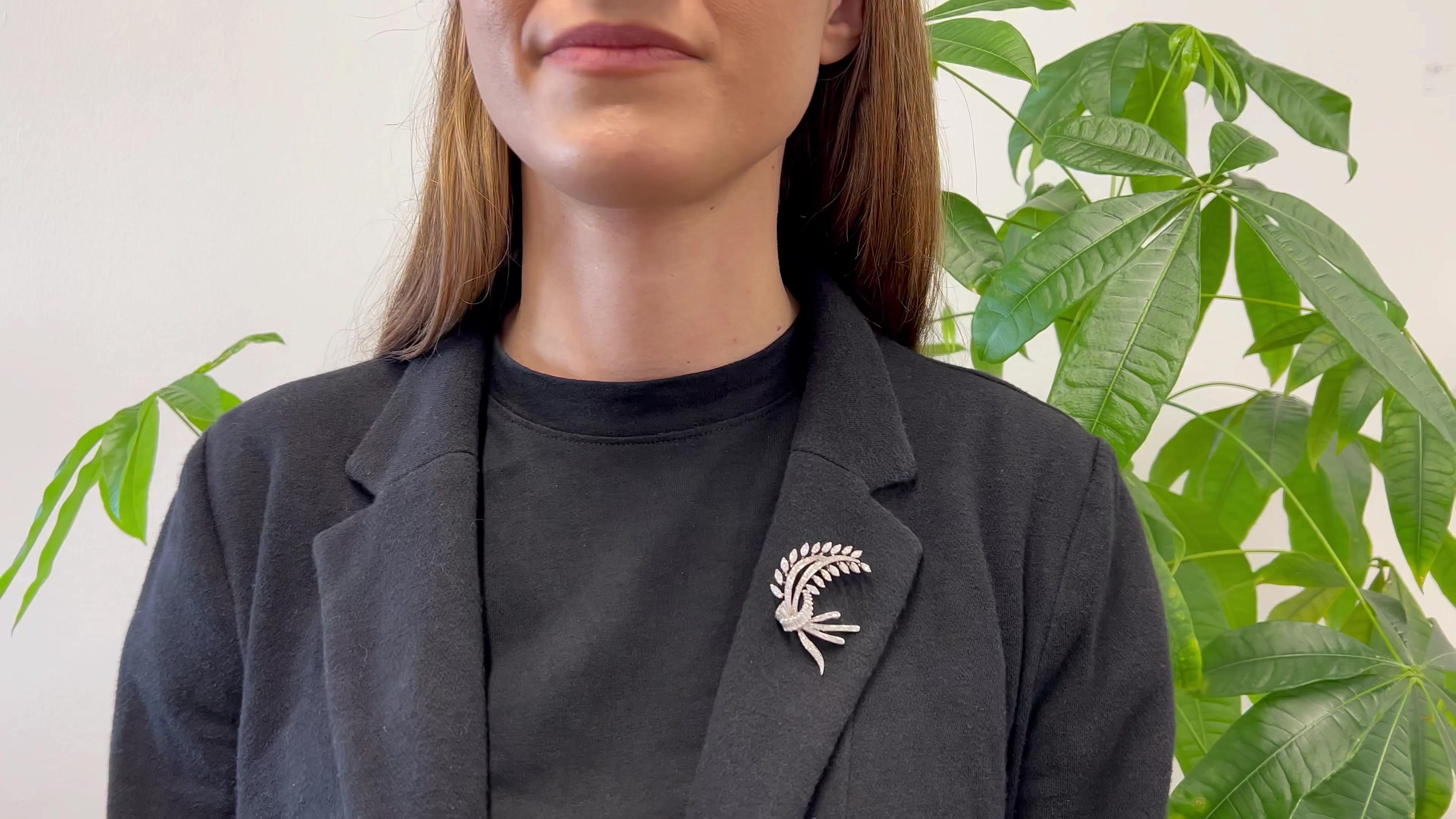 Mid Century Diamond 14k White Gold Fern Brooch For Sale at 1stDibs