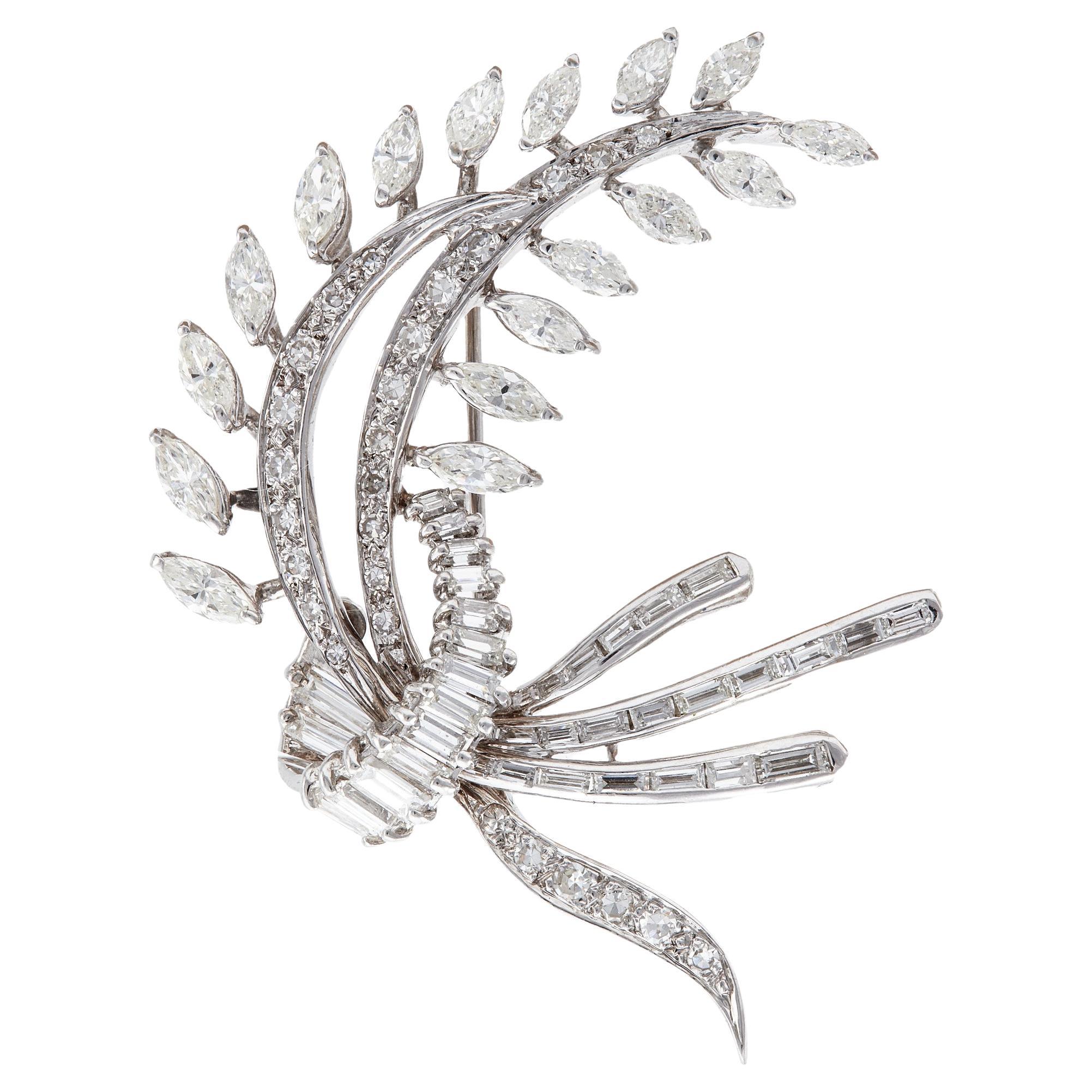 Mid Century Diamond 14k White Gold Fern Brooch For Sale at 1stDibs