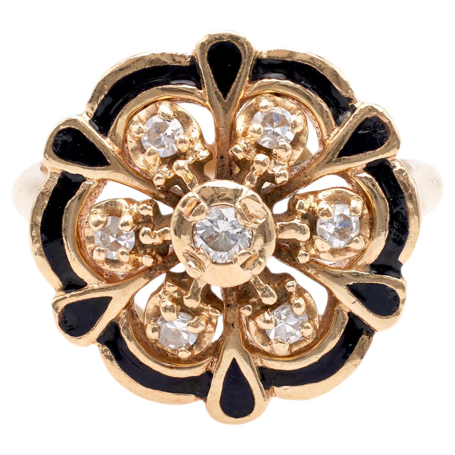 Mid-Century Diamond Black Enamel 14k Yellow Gold Flower Ring For Sale ...