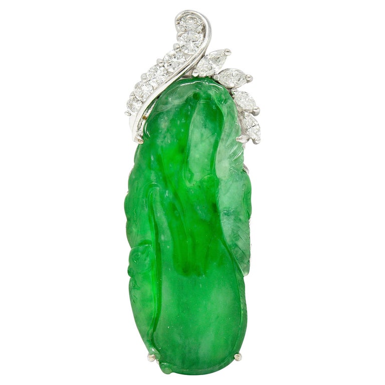 Midcentury Diamond Carved Natural Jade 18 Karat White Gold Birds Pear ...