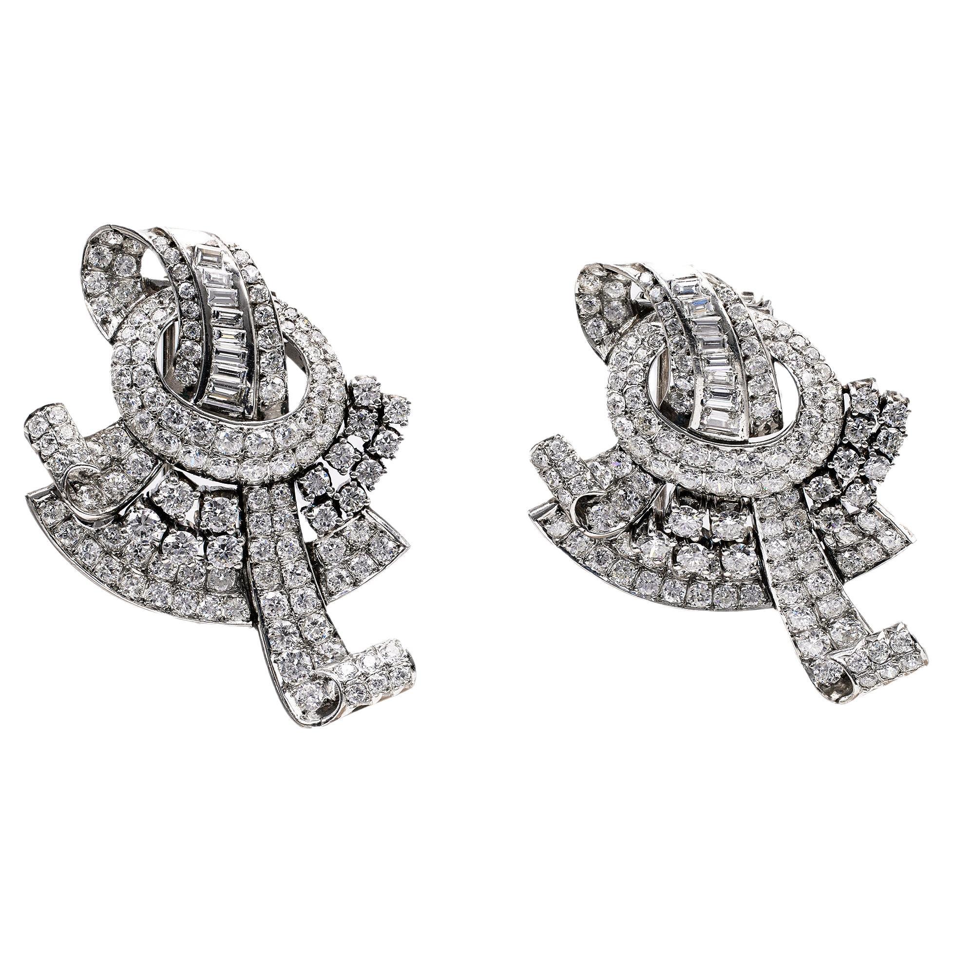 Mid Century Diamond Platinum Brooch Clip Set For Sale at 1stDibs