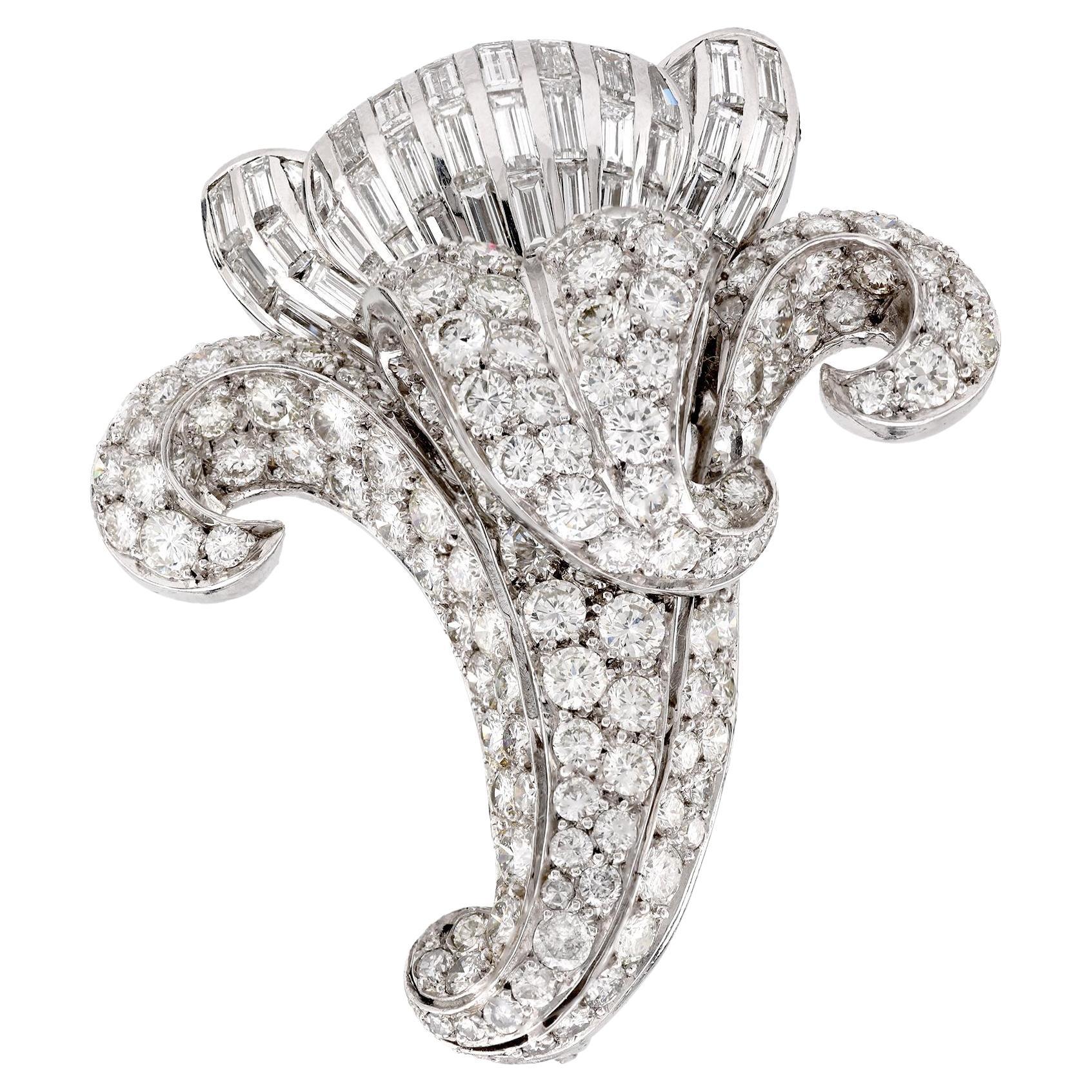 Mid Century Diamond Platinum Brooch For Sale at 1stDibs