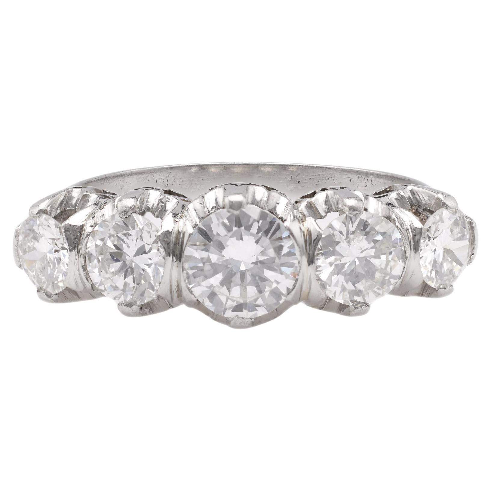 Mid-Century Diamond Platinum Five Stone Ring For Sale at 1stDibs