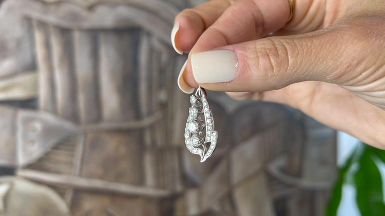 Mid-Century Diamond Platinum Leaf Pendant For Sale at 1stDibs