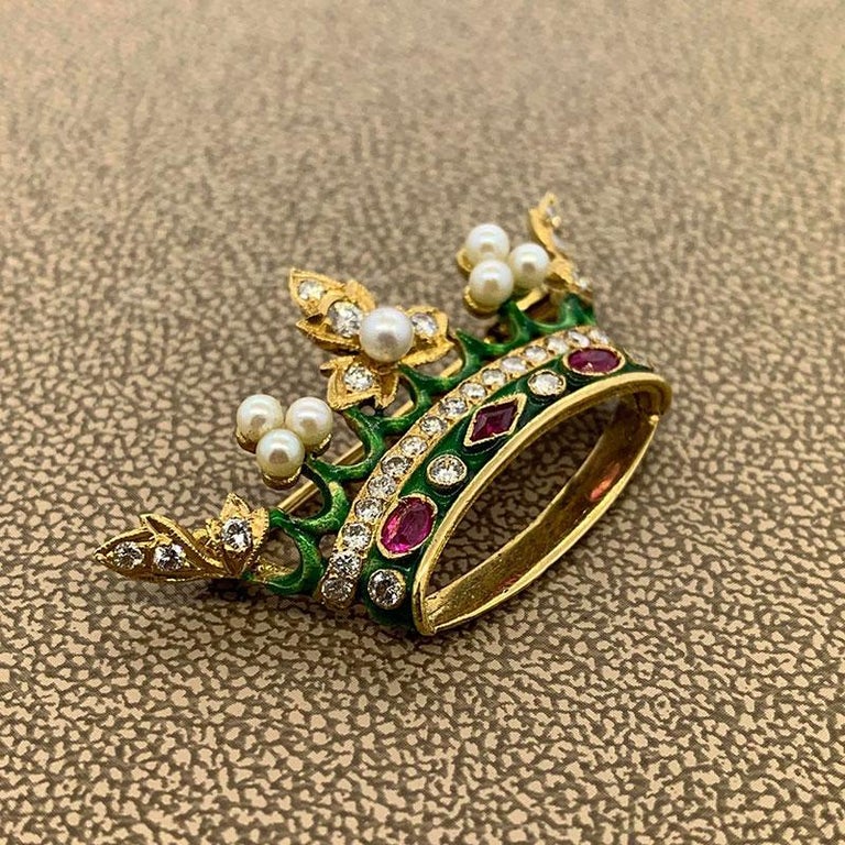 Mid-Century Diamond Ruby Seed-Pearl Enamel Royal Crown Brooch For Sale ...