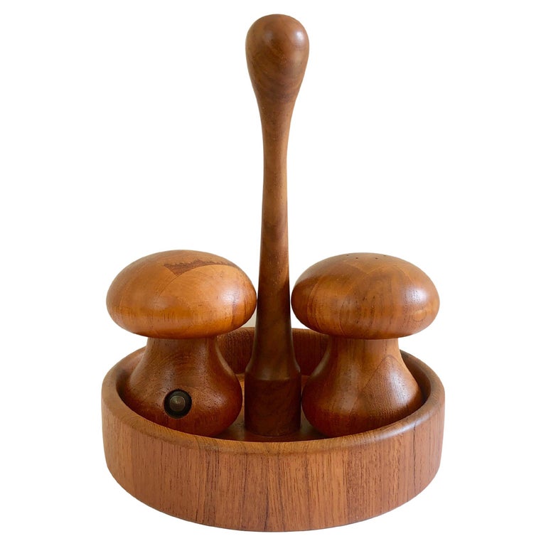 Midcentury Digsmed Teak Salt and Pepper Dispenser Set and Serving Tray ...
