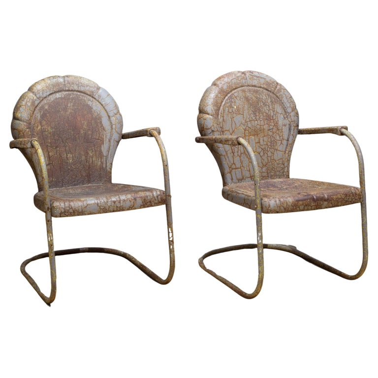 Mid-century Distressed Metal Patio Clam Shell Chairs c.1950 For Sale at ...