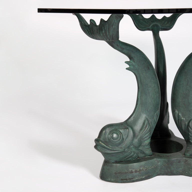 Midcentury Dolphin Base Table with Hexagonal Glass Top For Sale at 1stDibs