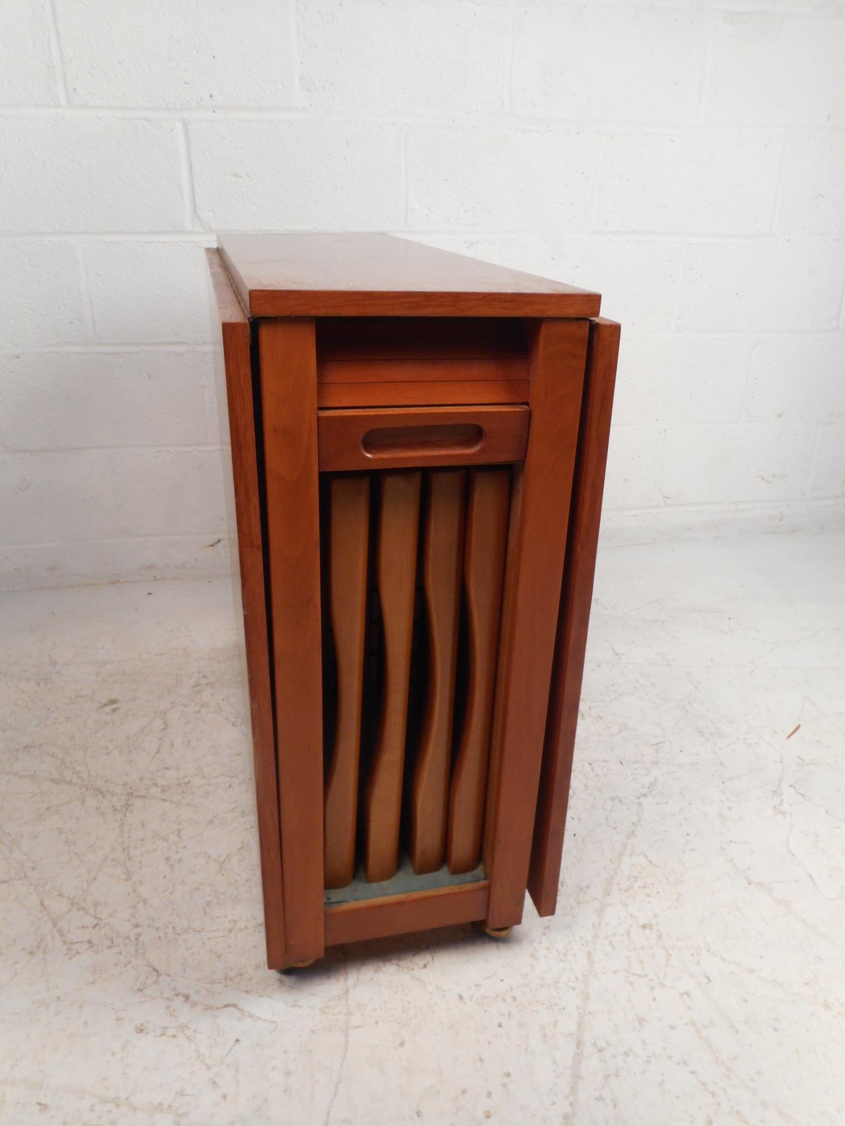 Midcentury Drop-Leaf Apartment Table on Casters with Hideaway Slat-Wood ...