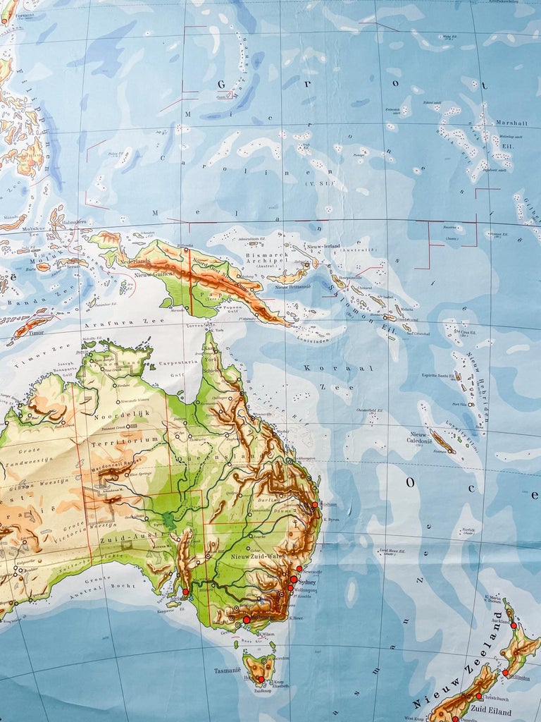 Mid-Century Dutch Topographical Wall Map of Australia and Oceania on ...