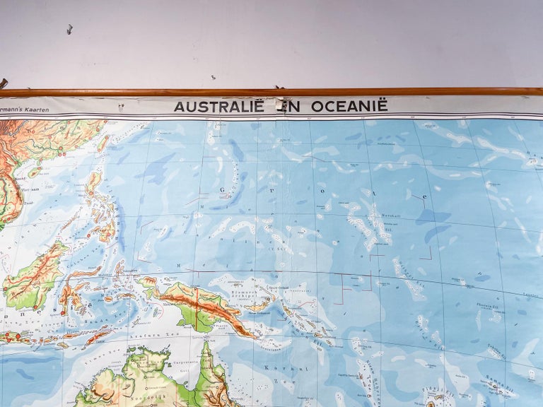 Mid-Century Dutch Topographical Wall Map of Australia and Oceania on ...