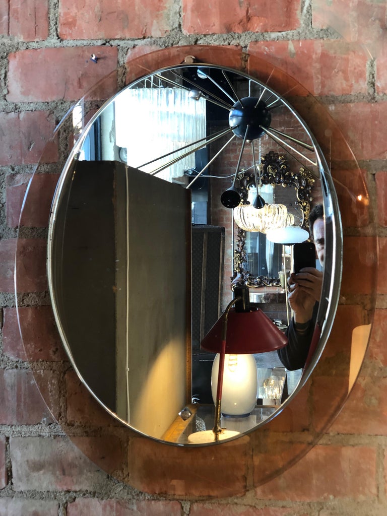 Midcentury Elliptical Mirror with Orange Minimal Frame Glass, Italy ...