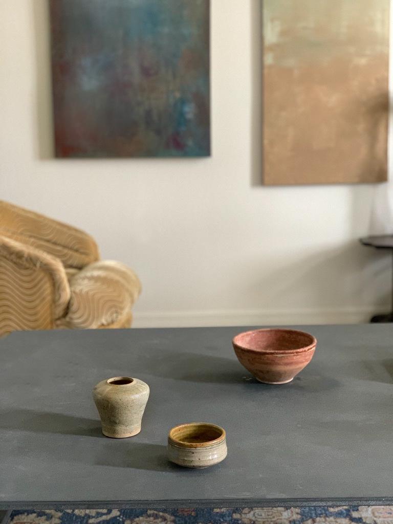 Mid-Century Era, Sage Green, Glazed Studio Pottery, Vase and Bowl ...