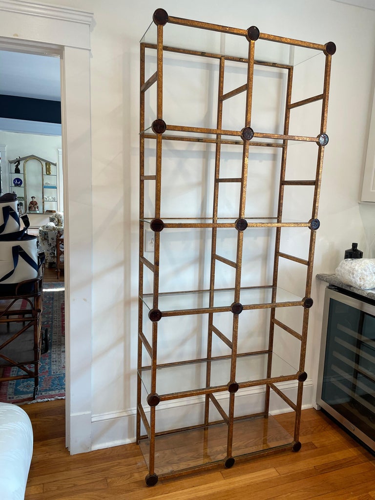 Mid Century Etagere Hammered and Gilt Metal Frame with Amber Colored ...
