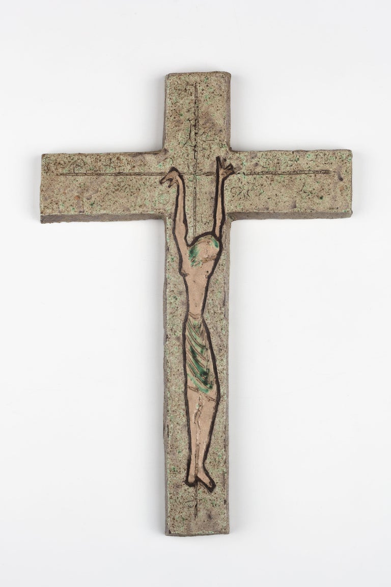Mid-Century European Crucifix in Ceramic, Matte, Pastels, 1980s at 1stDibs