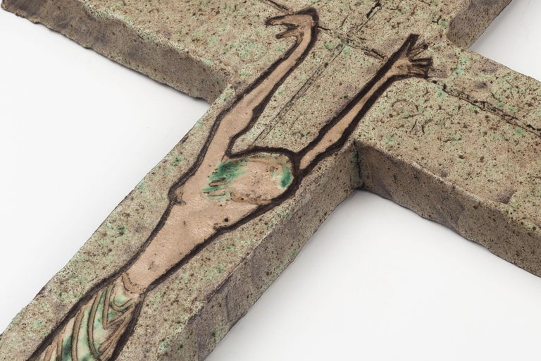 Mid-Century European Crucifix in Ceramic, Matte, Pastels, 1980s at 1stDibs