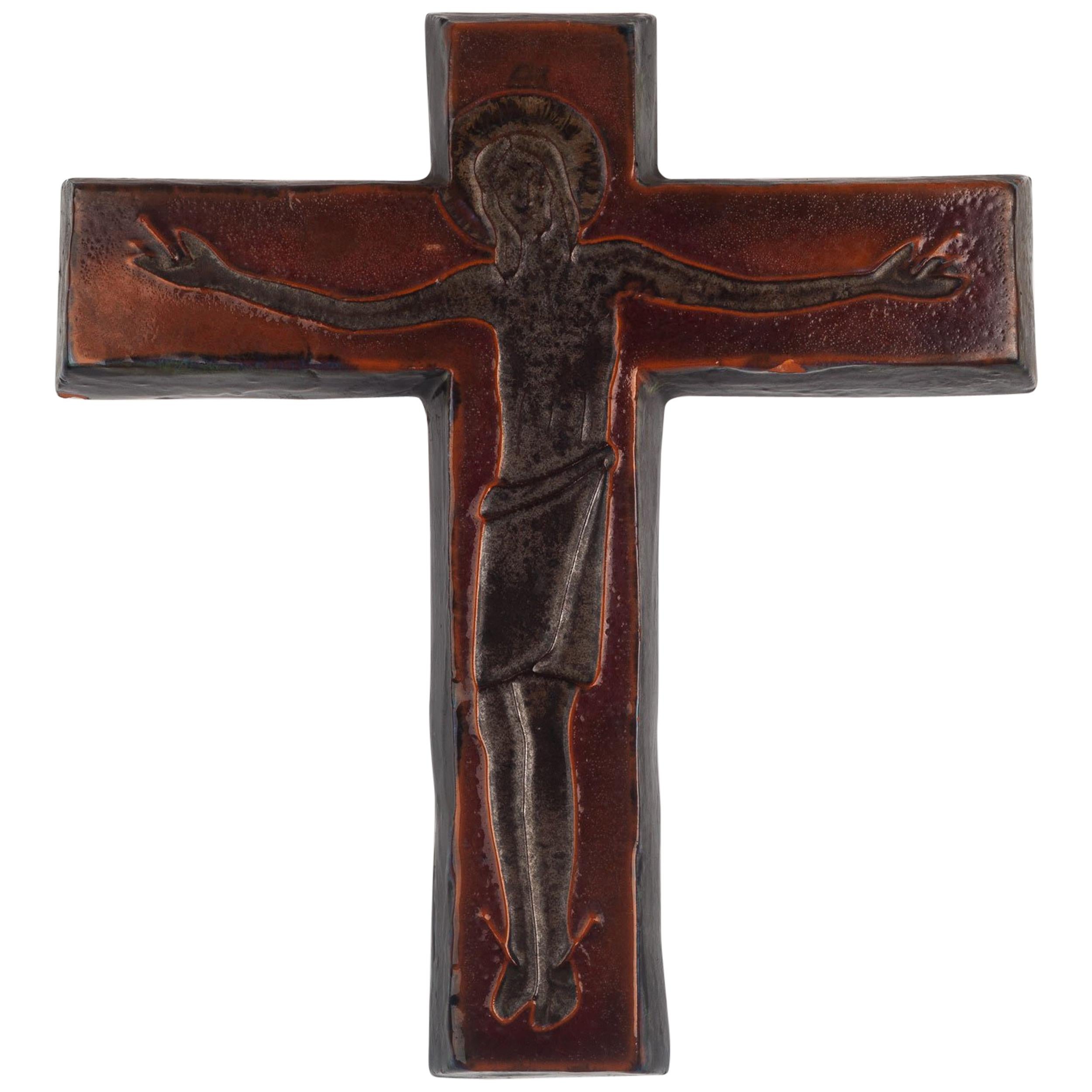 Midcentury European Wall Cross, Brown, Black, Textured Ceramic ...