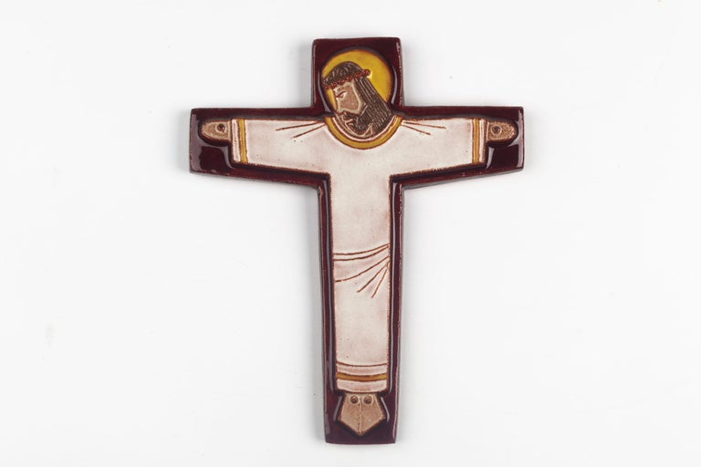 Mid-Century European Wall Cross, Red, Brown, Yellow, Ceramic Handmade ...