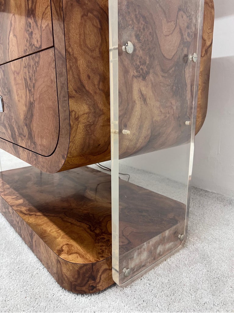 Mid-Century Faux Burlwood Veneer and Lucite Bookcase or Etagere, 1970s ...