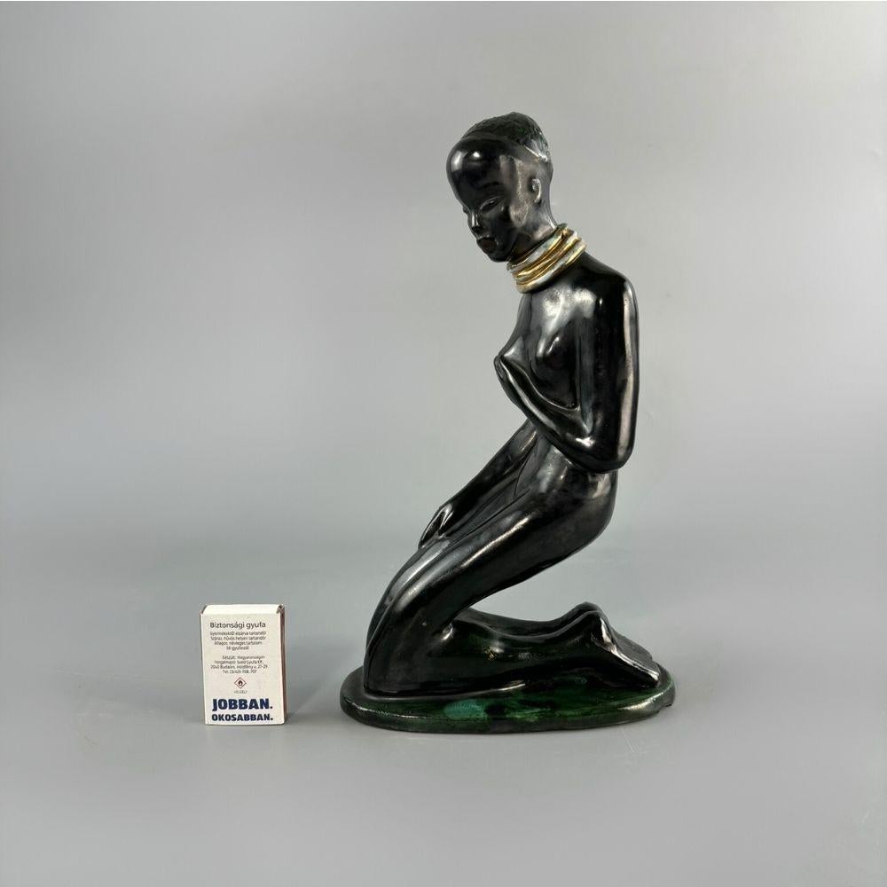 Mid-century female sculpture with silk black, turquoise, gold shade by ...