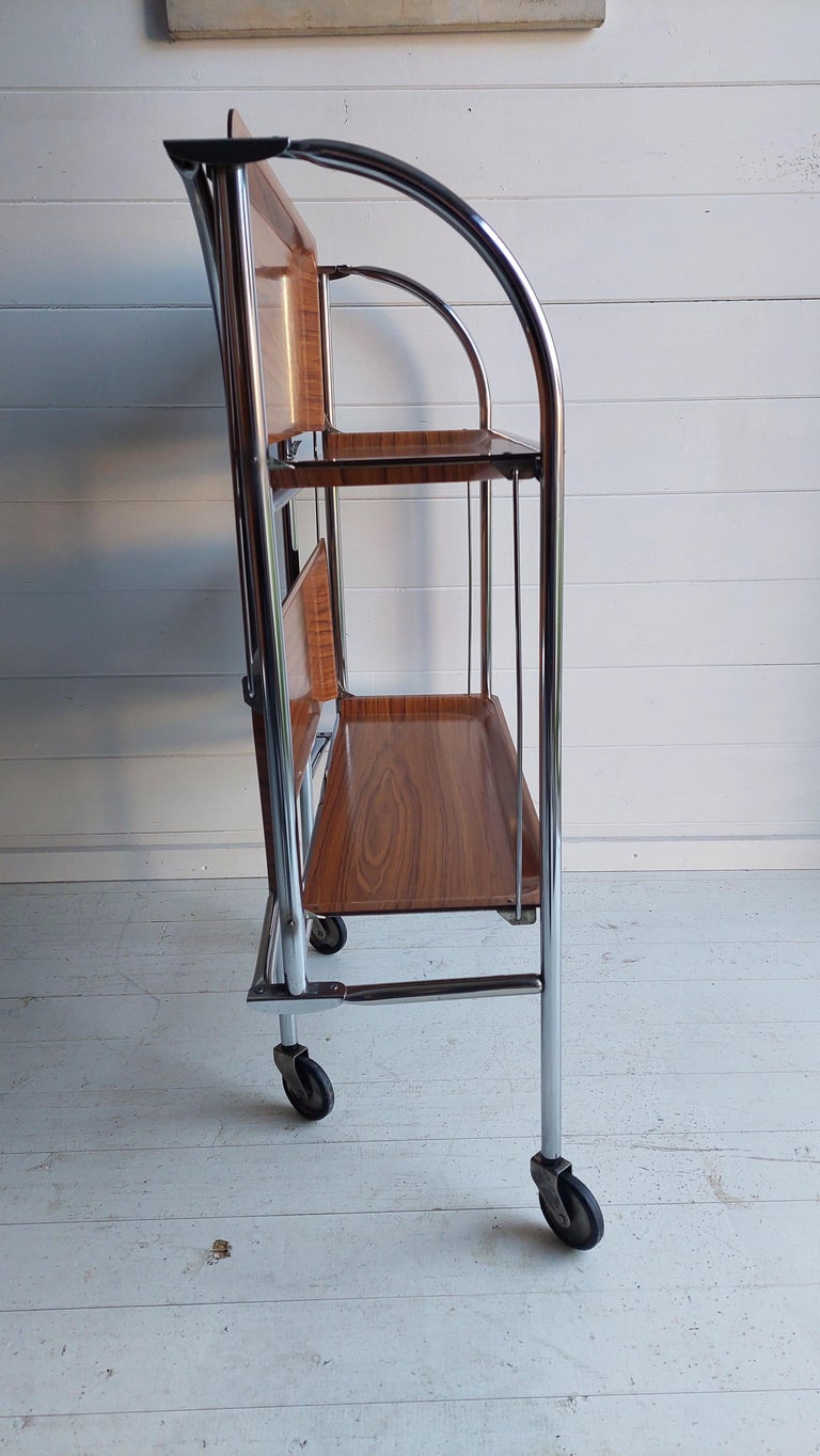 Mid-Century Folding Dinette German Trolley Chrome and Plywood Bar Cart ...