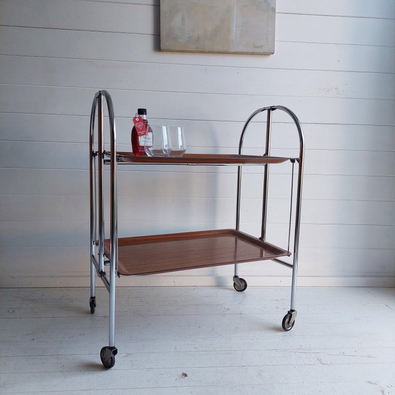 Mid-Century Folding Dinette German Trolley Chrome and Plywood Bar Cart ...