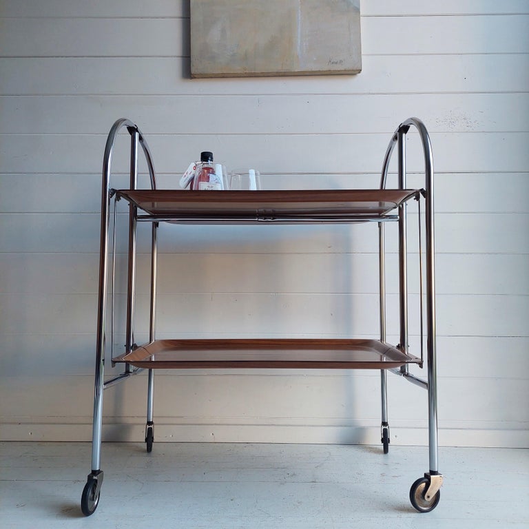 Mid-Century Folding Dinette German Trolley Chrome and Plywood Bar Cart ...