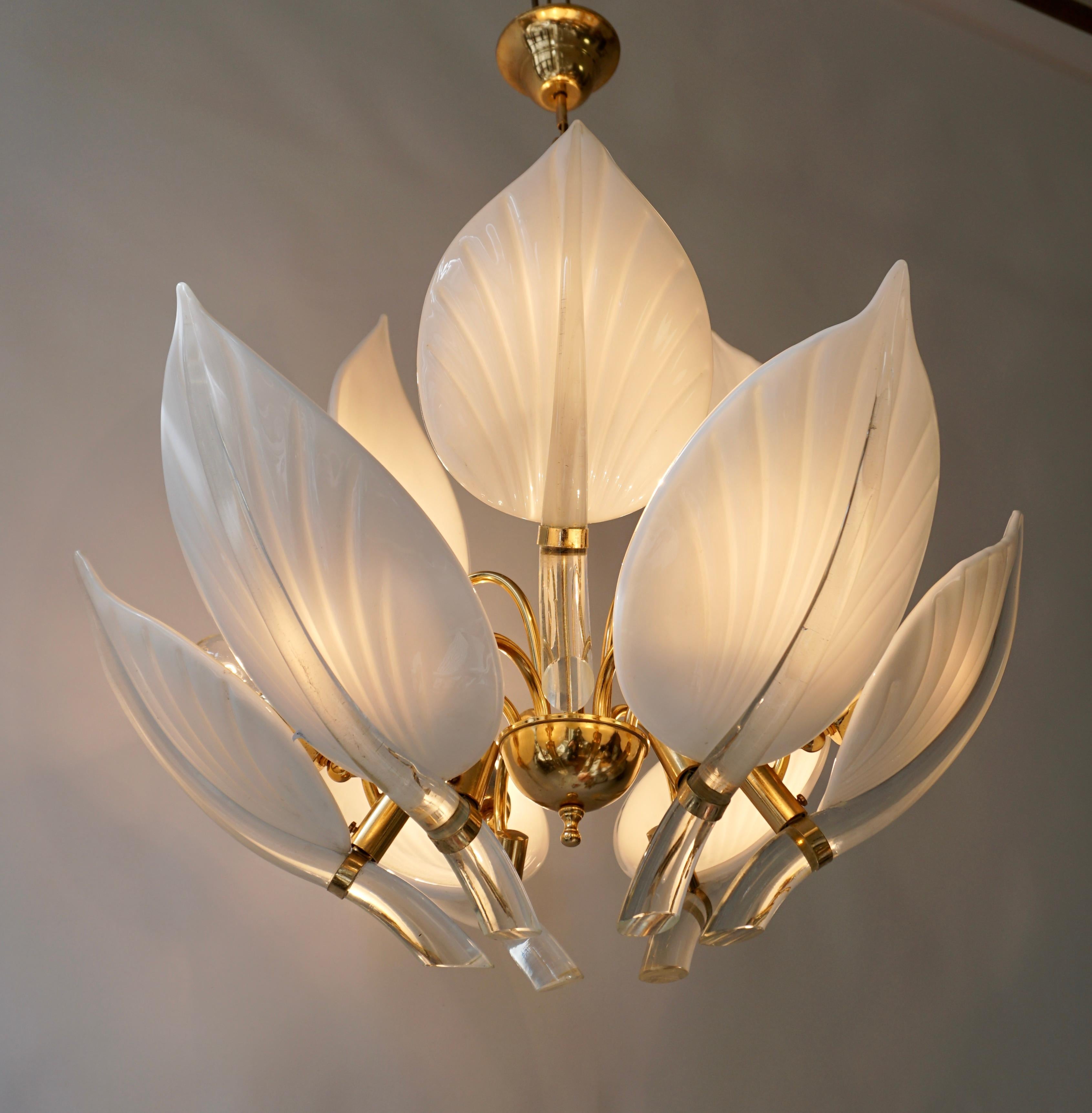 Midcentury Franco Luce for Seguso White Glass Leaf Nine Light Fixture ...