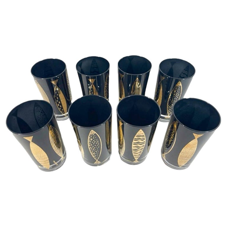 Mid-Century Fred Press Highball Glasses in Black with Gold Atomic Fish ...