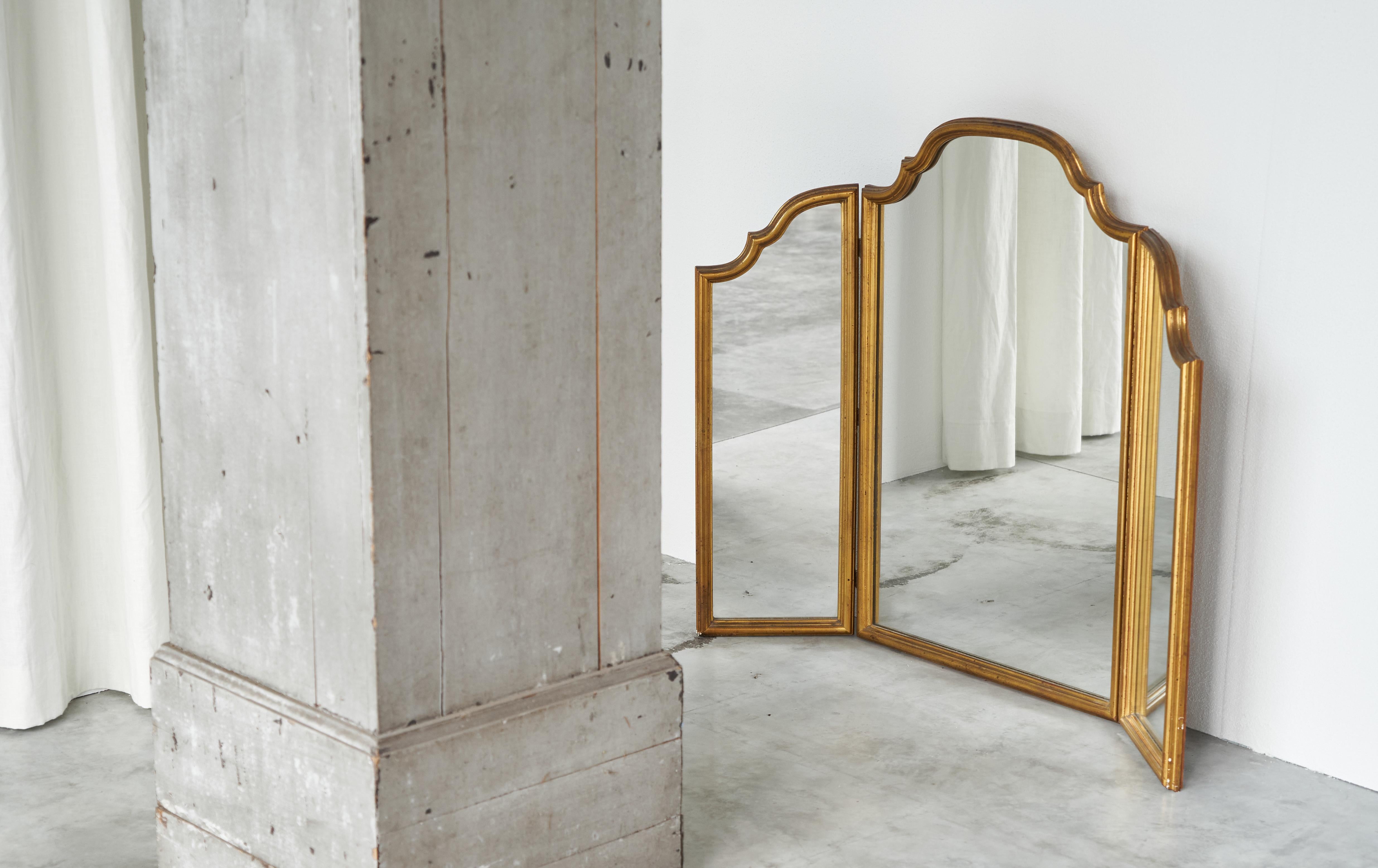 Mid-Century Freestanding Trifold Vanity Mirror in Patinated Gold ...