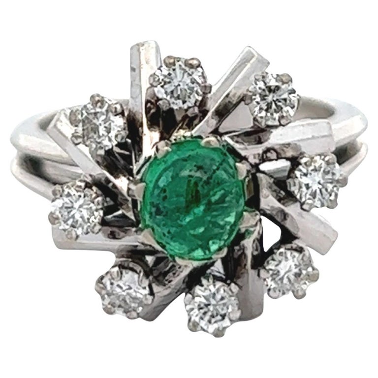 Midcentury French 0.83 Carat Emerald Diamond Platinum Cluster Ring For ...