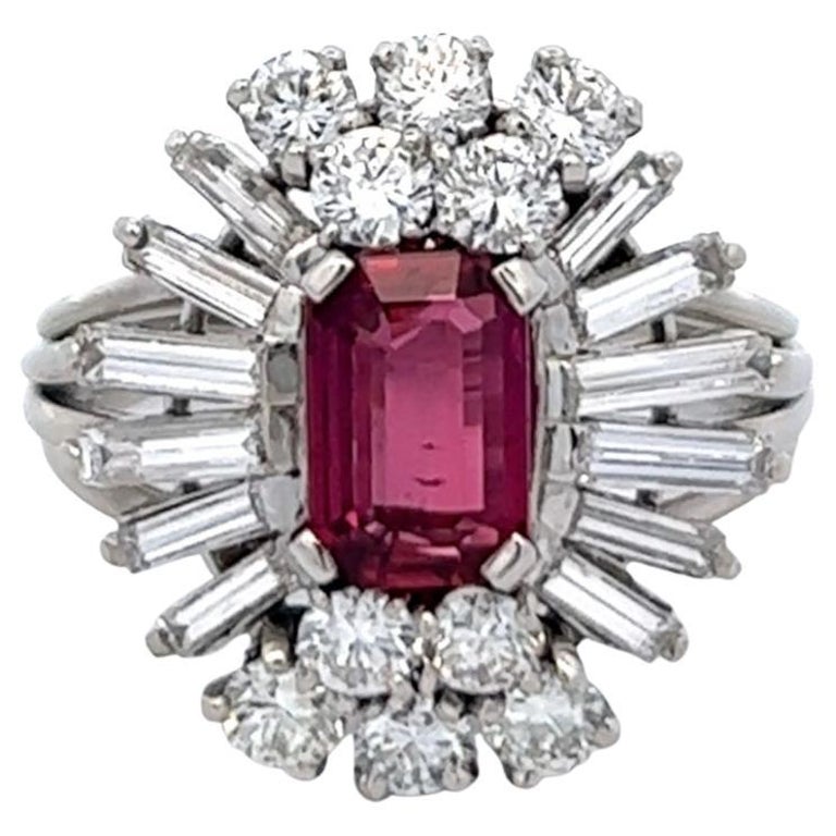Mid Century French 1.47 Carats Ruby Diamond Platinum Cluster Ring For ...
