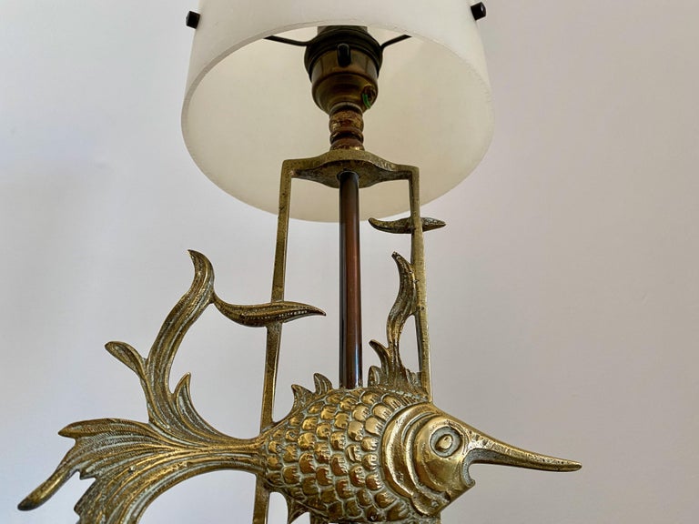 Midcentury French 1950s Brass and Marble Fish Lamp For Sale at 1stDibs