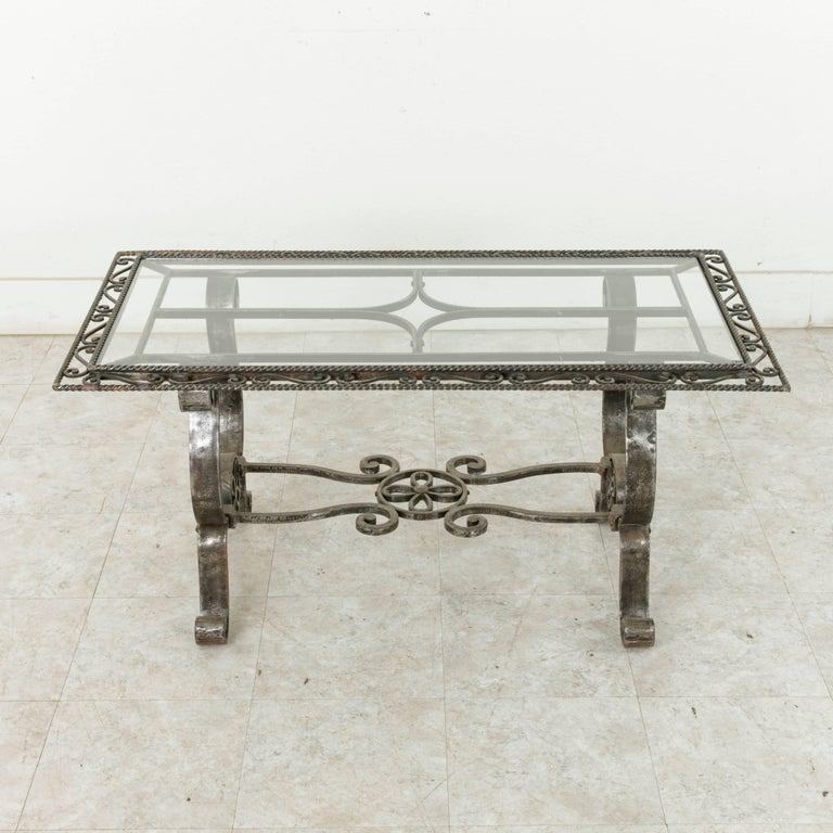 Midcentury French Artisan Made Hand-Forged Iron Coffee Table with Glass ...