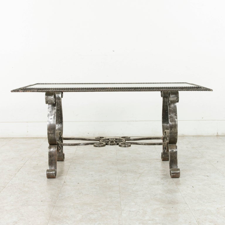 Midcentury French Artisan Made Hand-Forged Iron Coffee Table with Glass ...