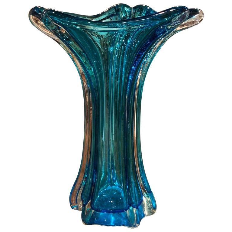 Midcentury French Blue Art Deco Blown Glass Vase at 1stDibs