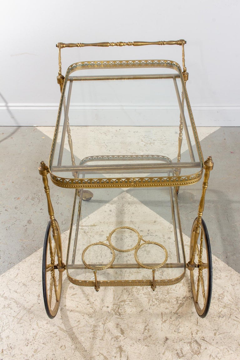 Midcentury French Brass and Glass Trolley Style Bar Cart with Large ...